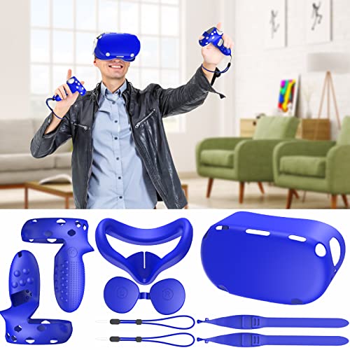 HUIUKE Touch Controller Grip Cover for Quest 2 with VR Shell Cover, Silicone VR Face Cover Pad and Lens Cover, 4 in 1 Silicone Cover Set for Quest 2 Accessories (Blue)