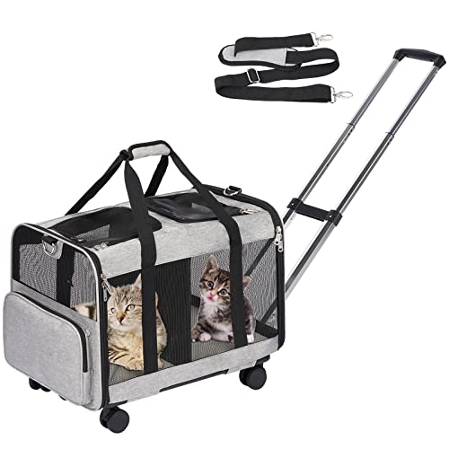 VOISTINO Double Compartment Pet Carrier with Detachable Wheels for Cat/Dog, Rolling Carrier for 2 Small Cats/Dogs, Super Ventilated Design, Ideal for Traveling/Walking/Camping