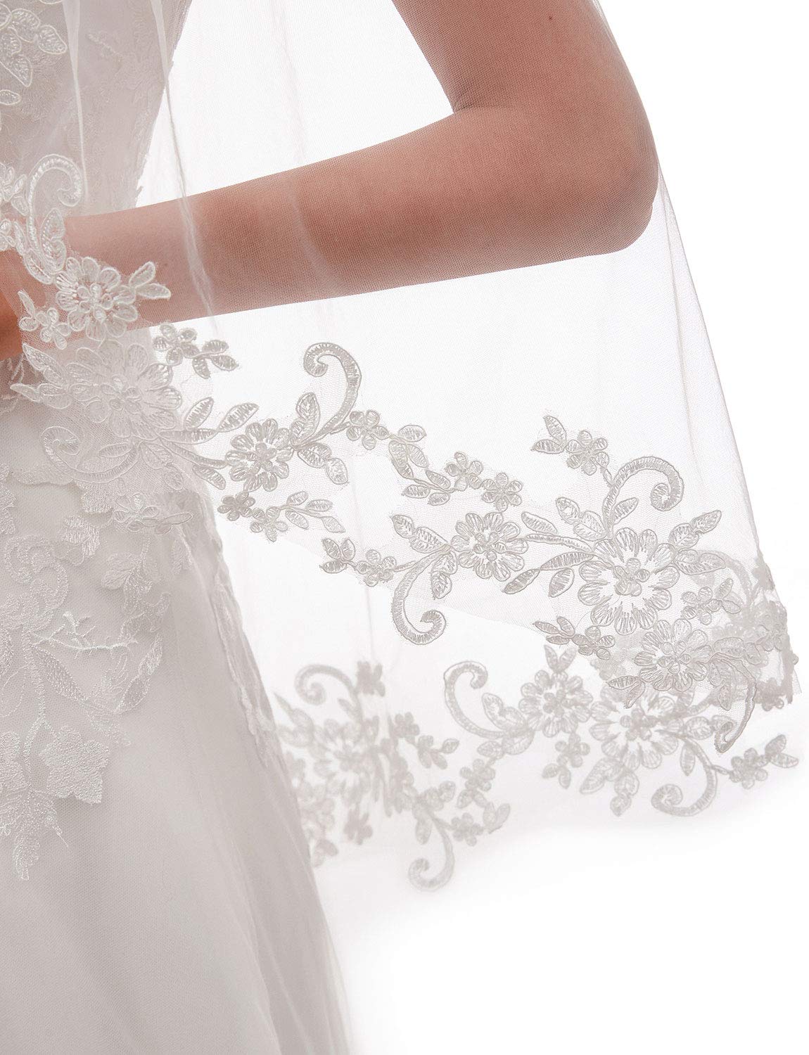 EllieHouse Womens Short Fingertip Length 1 Tier Lace Ivory Wedding Bridal Veil with Metal Comb L69IV