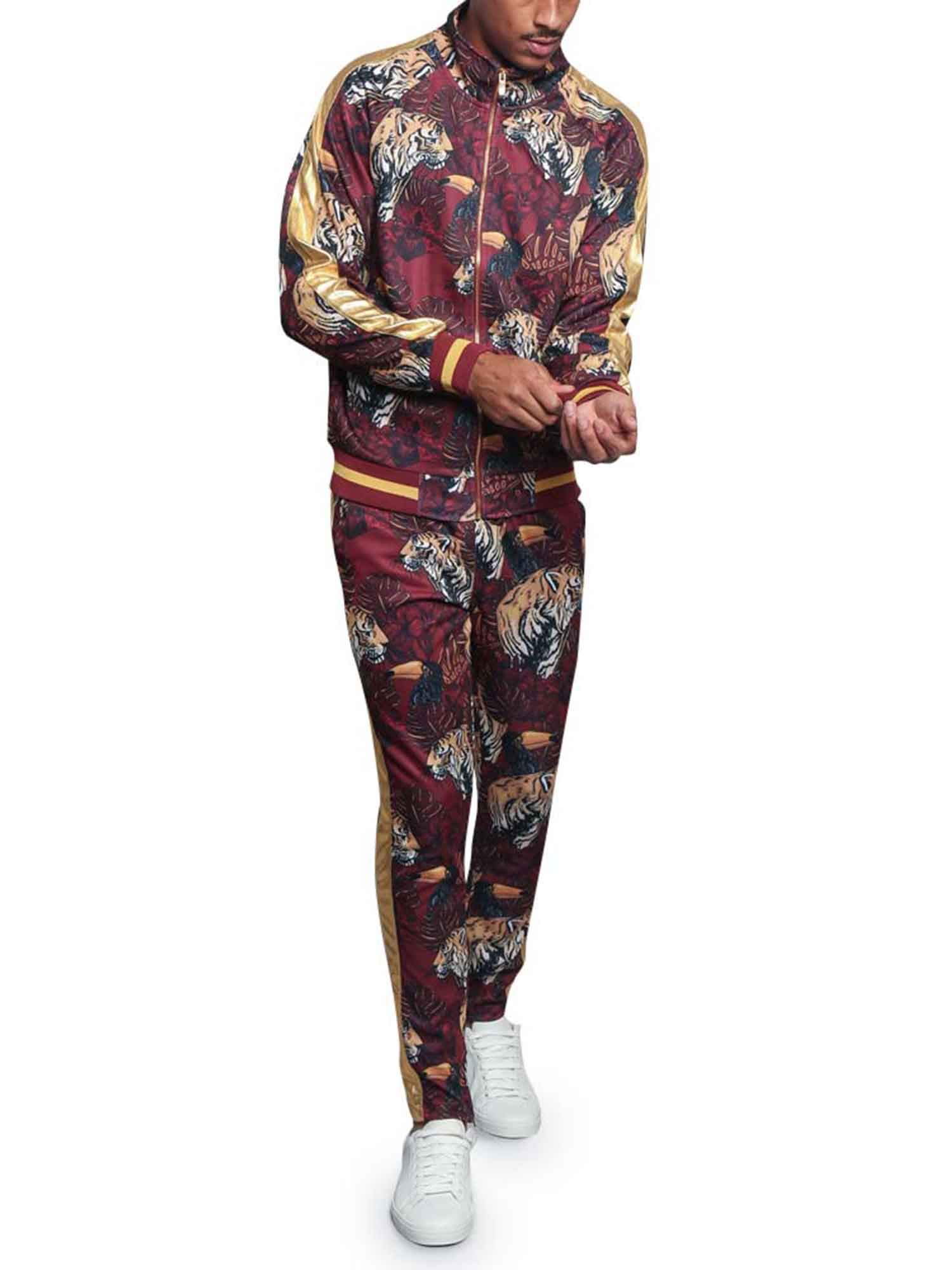 G-Style USA Men's Royal Floral Tiger Track Suit ST559 - Burgundy -Large