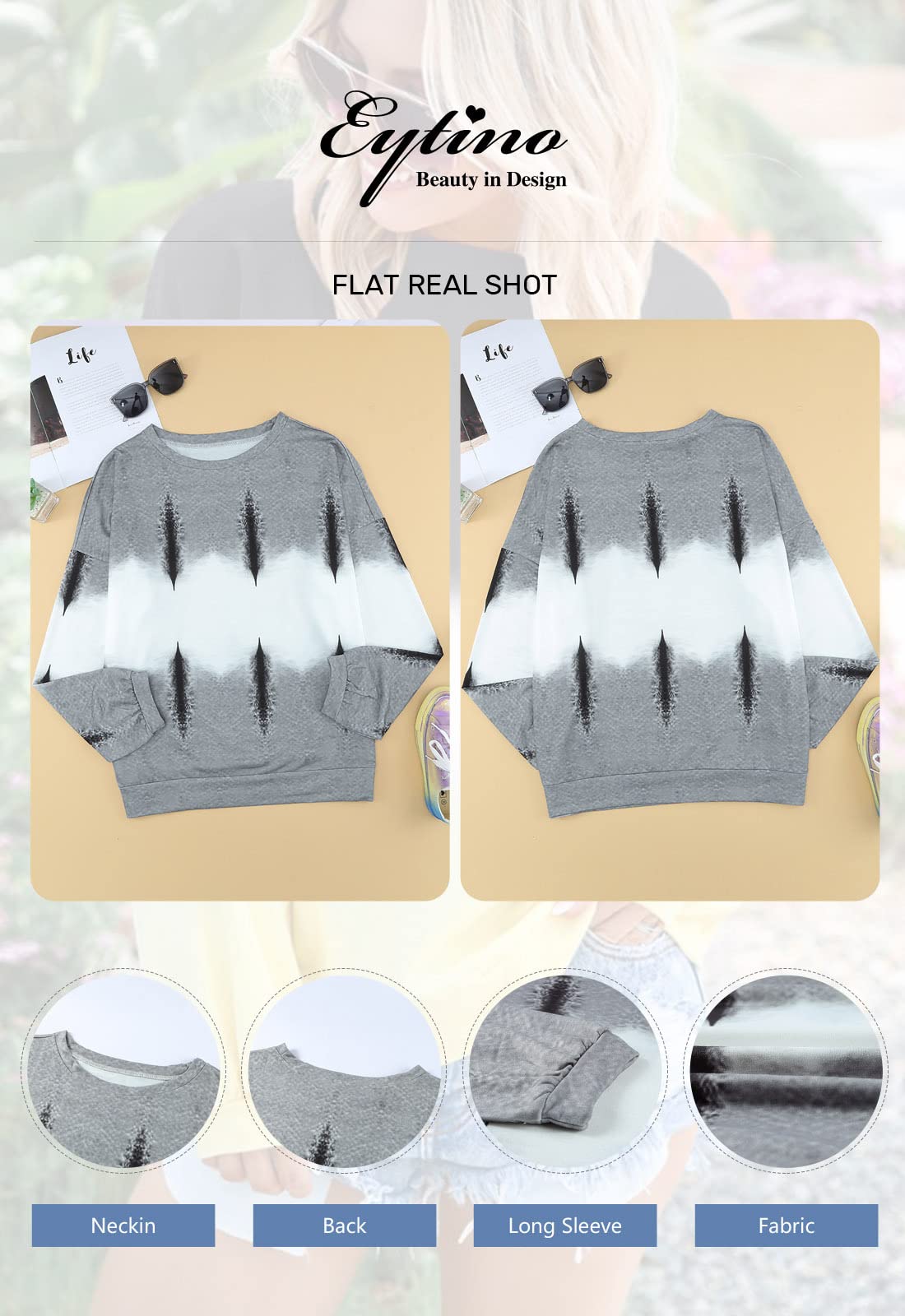 Eytino Women Colorblock Tie Dye Long Sleeve Crew Neck Oversized Pullover Sweatshirt Tops,XX-Large Grey