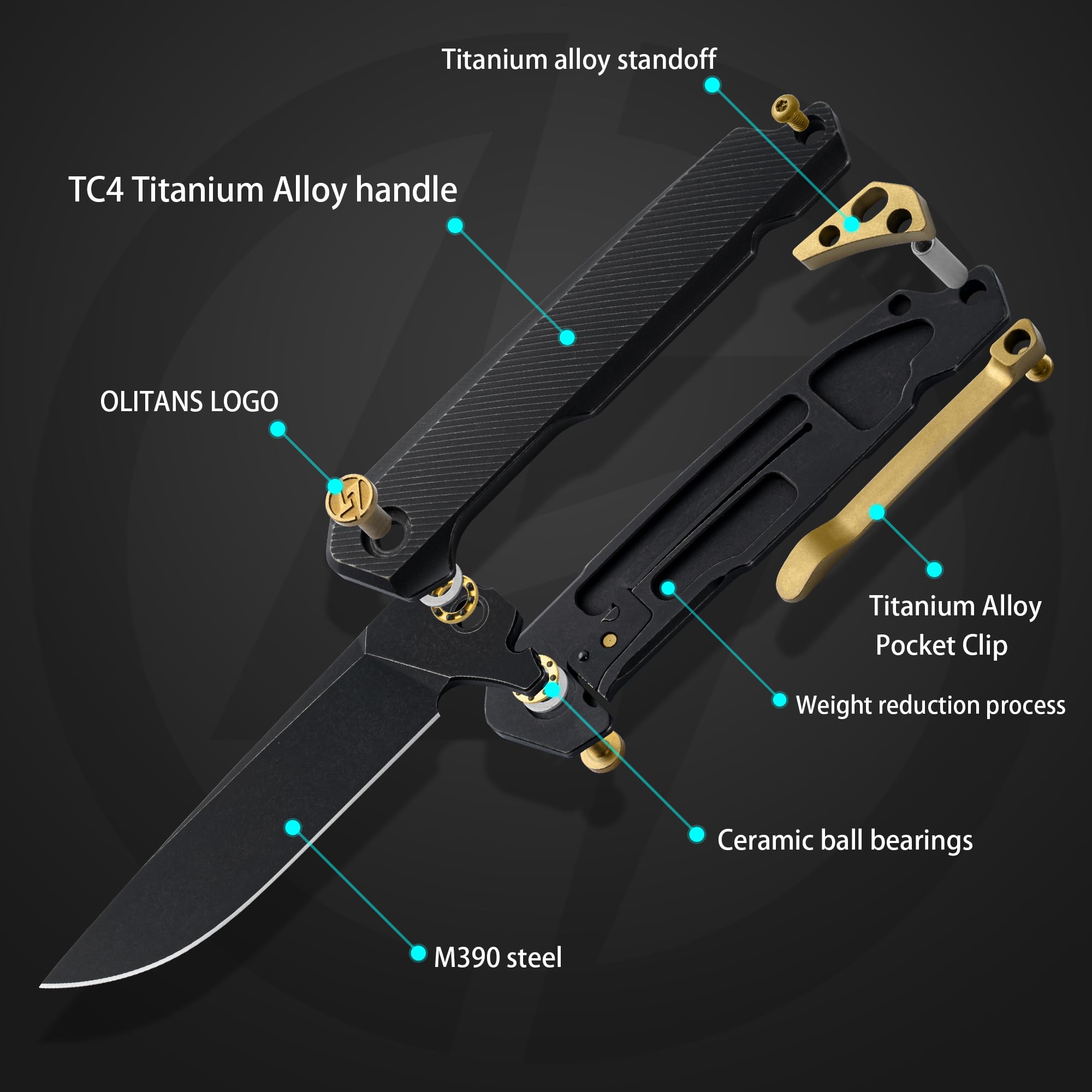 OLITANS T041 Pocket Knife, 2.6'' M390 Steel Blade Titanium handle, Small EDC Knife with Pocket Clip for Men Women, 1.8 oz(Black)