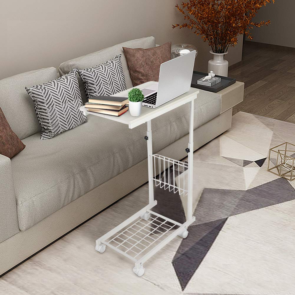 Ejoyous Height Sofa Side Table with Wheels, Movable Bedside End Table Computer Desk Laptop Stand Rolling Cart with Storage Basket for Home Couch Bedroom Office Workstation