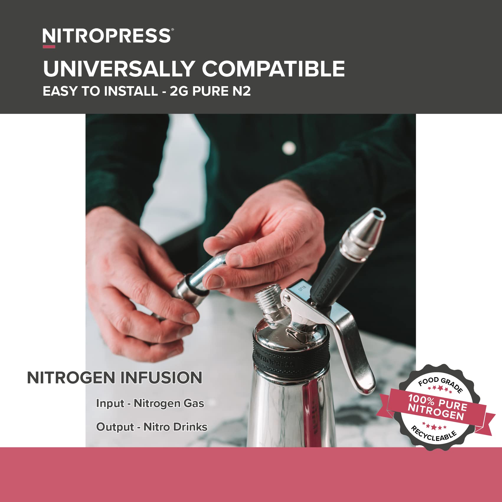 Hatfields London NitroPress Coffee Nitrogen Chargers, Use with NitroPress Instant Nitrogen Diffuser for Nitro Cold Brew Coffee (40 Cartridges)