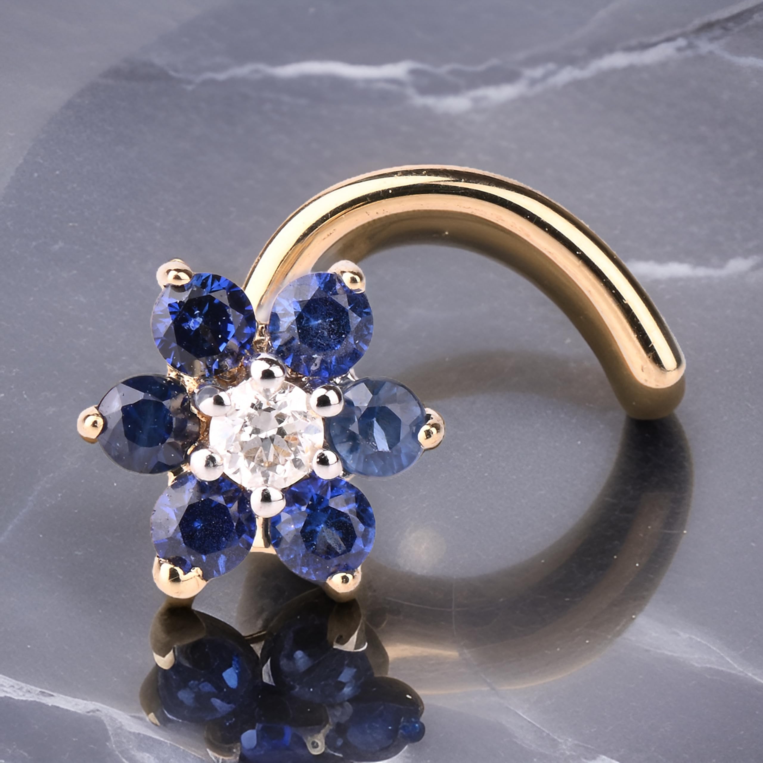 Demira Jewels 14K Yellow Gold Nose Piercing Wire Setting Stud with Real Diamond and Natural Blue Sapphire Flower β Elegant Wedding Nose Ring, Stunning Bridal Nose Jewelry.