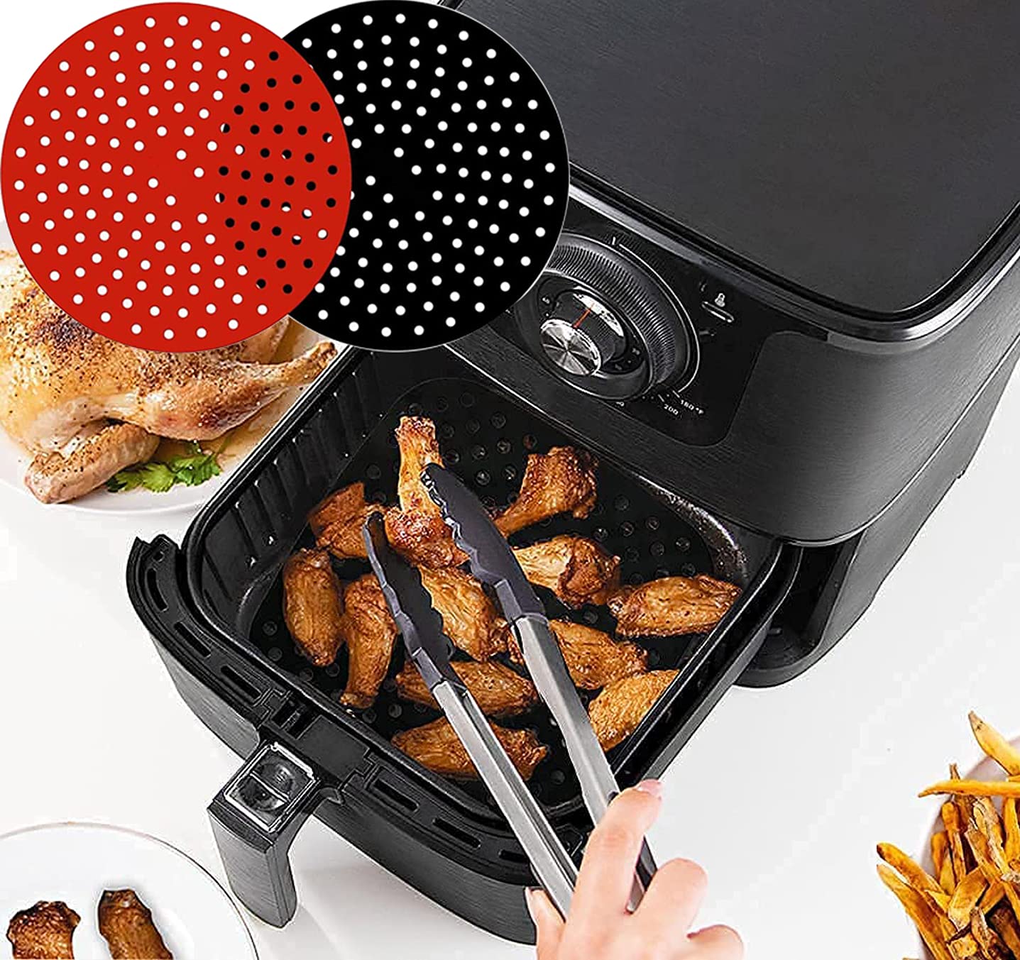 Goneby Reusable Silicone Air Fryer Liners 2 Pack with Air Fryer Magnetic Cheat Sheet, Easy Clean Air Fryer Accessories, Non Stick, AirFryer Accessory Parchment Paper Replacement, 9 Inch