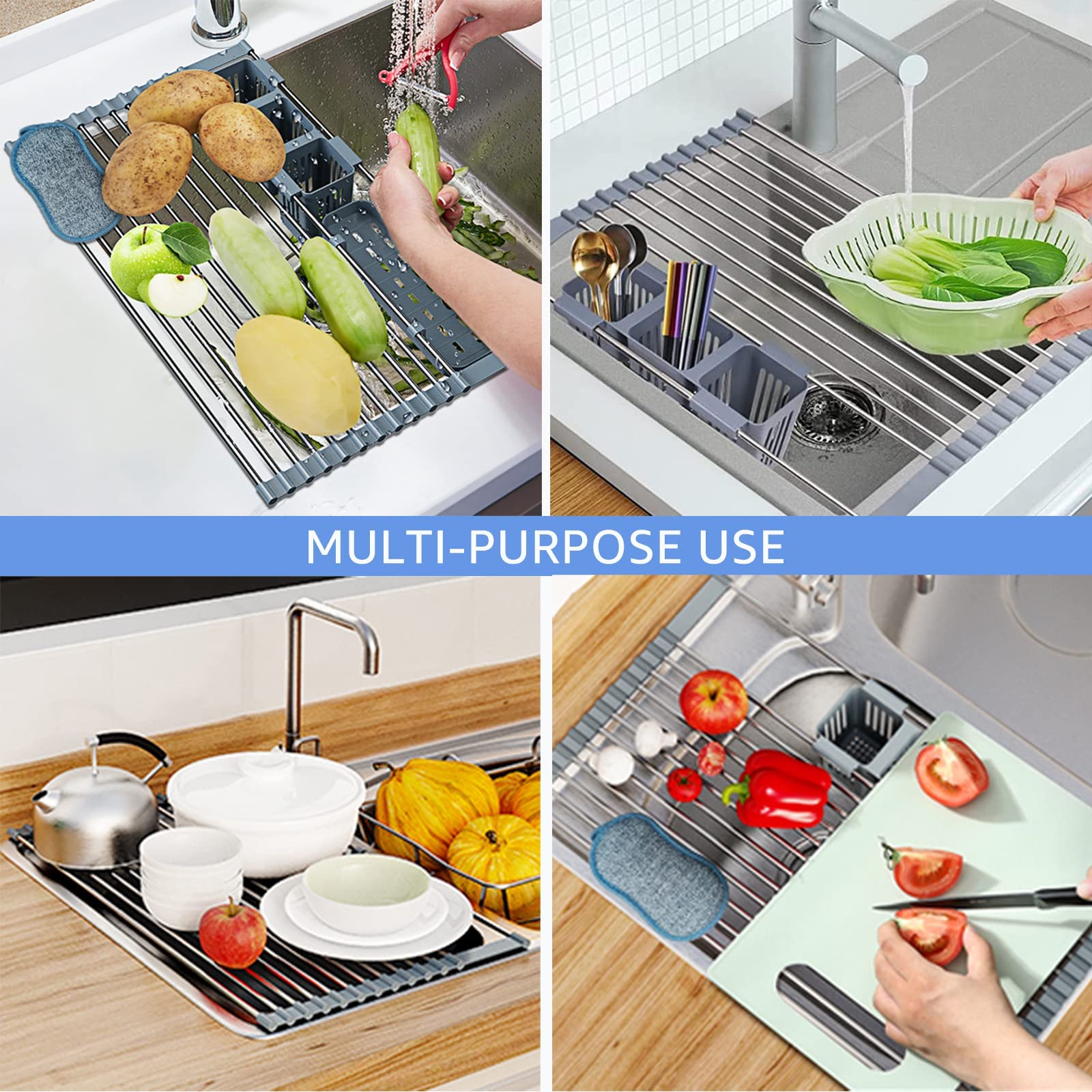 HFEDYZ Roll Up Dish Drying Rack Over The Sink，Collapsible Small Dish Drying Rack，Kitchen Sink Accessories, Expandable Dish Drying Rack with 2 Storage Baskets (Grey)