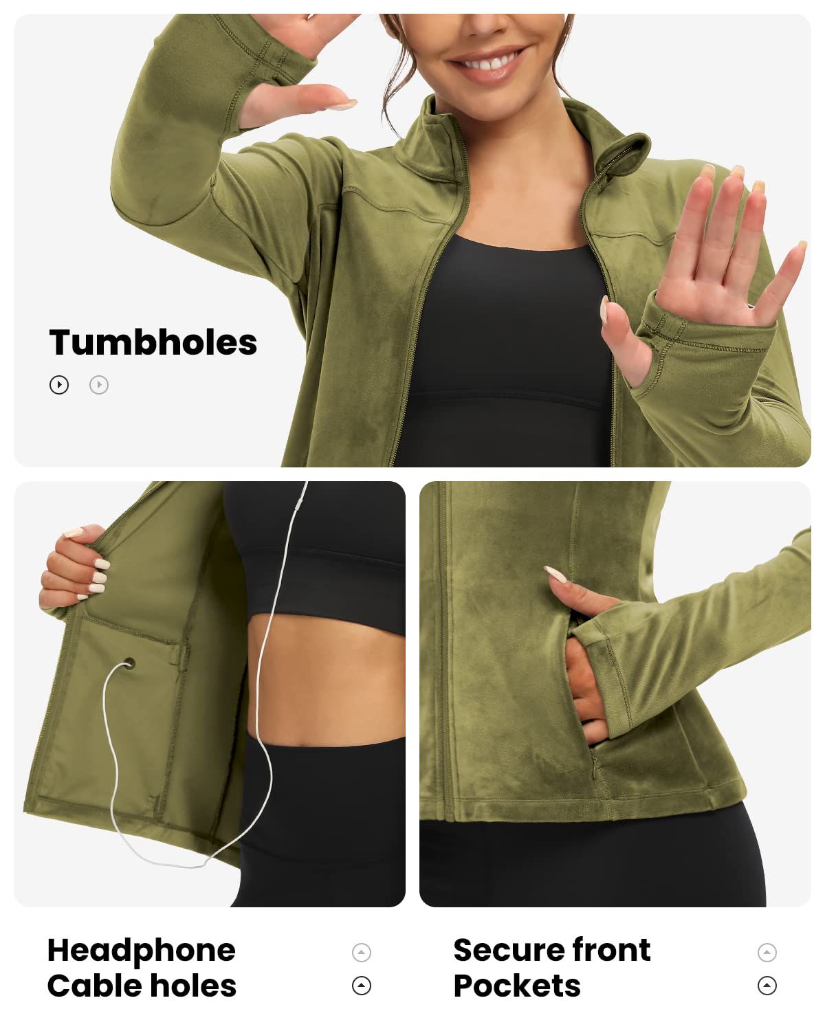 GYM RAINBOW Womens Velvet Workout Jackets Full Zip Lightweight Athletic Running Jacket with Pockets(#1 Green,X-Large)