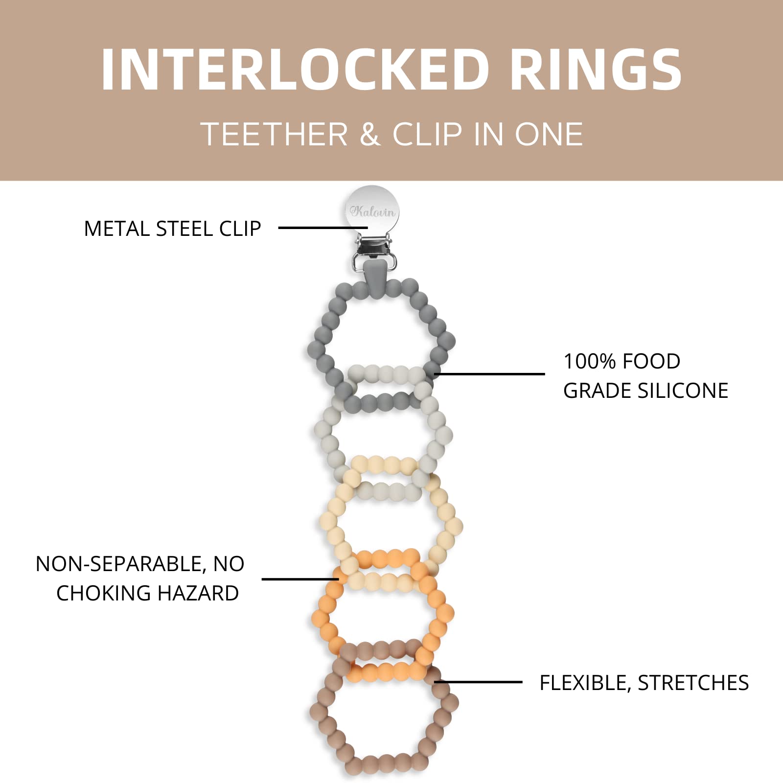 Kalovin Teether Rings, Silicone Sensory Teething Ring, Baby Teether Links Clip on Teether, Food Grade Silicone, BPA & Phthalate