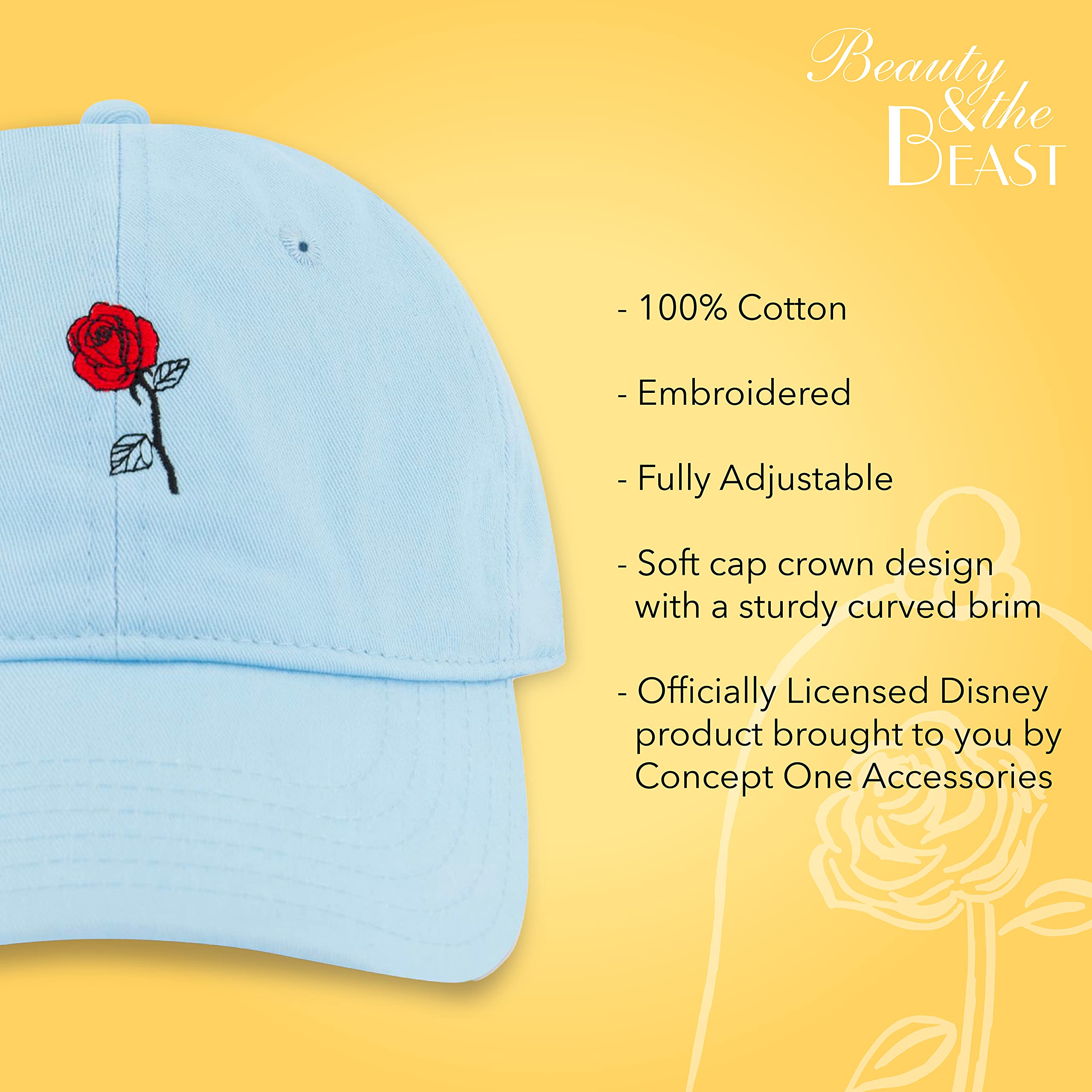 Disney Beauty and The Beast Belle Embroidered Rose Cotton Adjustable Baseball Cap, Light Blue, One Size