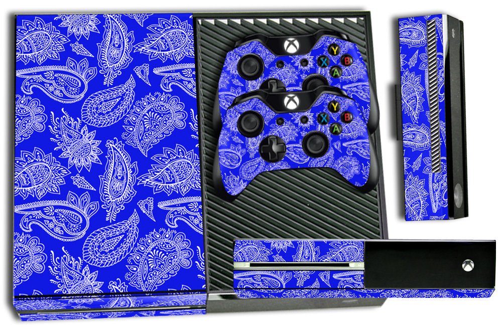 Designer Skin Sticker for the Xbox One Console With Two Wireless Controller Decals Paisley Blue