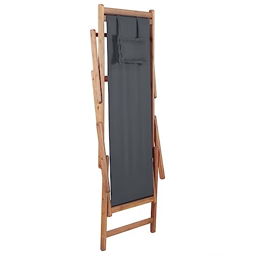 vidaXL Beach Sling Patio Chair, Outdoor Folding Deck Chair with Solid Wooden Frame, Patio Lounge Chair for Balcony, Fabric and Wooden Frame Gray