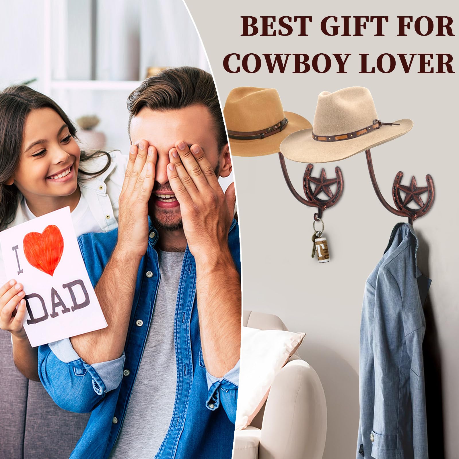 Kilarero Cowboy Hat Rack, 2 Pack Rustic Metal Cowboy Hat Holder with Hooks Horseshoe Cast Iron Hat Hanger for Wall Western Home Decor Storage and Display - Keeps Original Shape