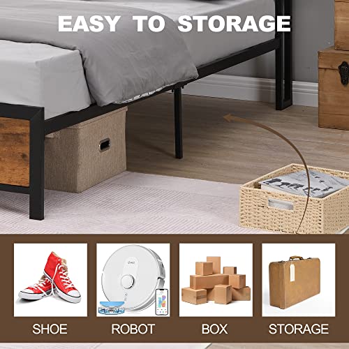 Modern Industrial Queen Bed Frame with LED Lights and 2 USB Ports, Metal Platform Bed Frame Queen Size with Storage, Noise Free, No Box Spring Needed, Strong Steel Slats Support, Rustic Brown (Queen)
