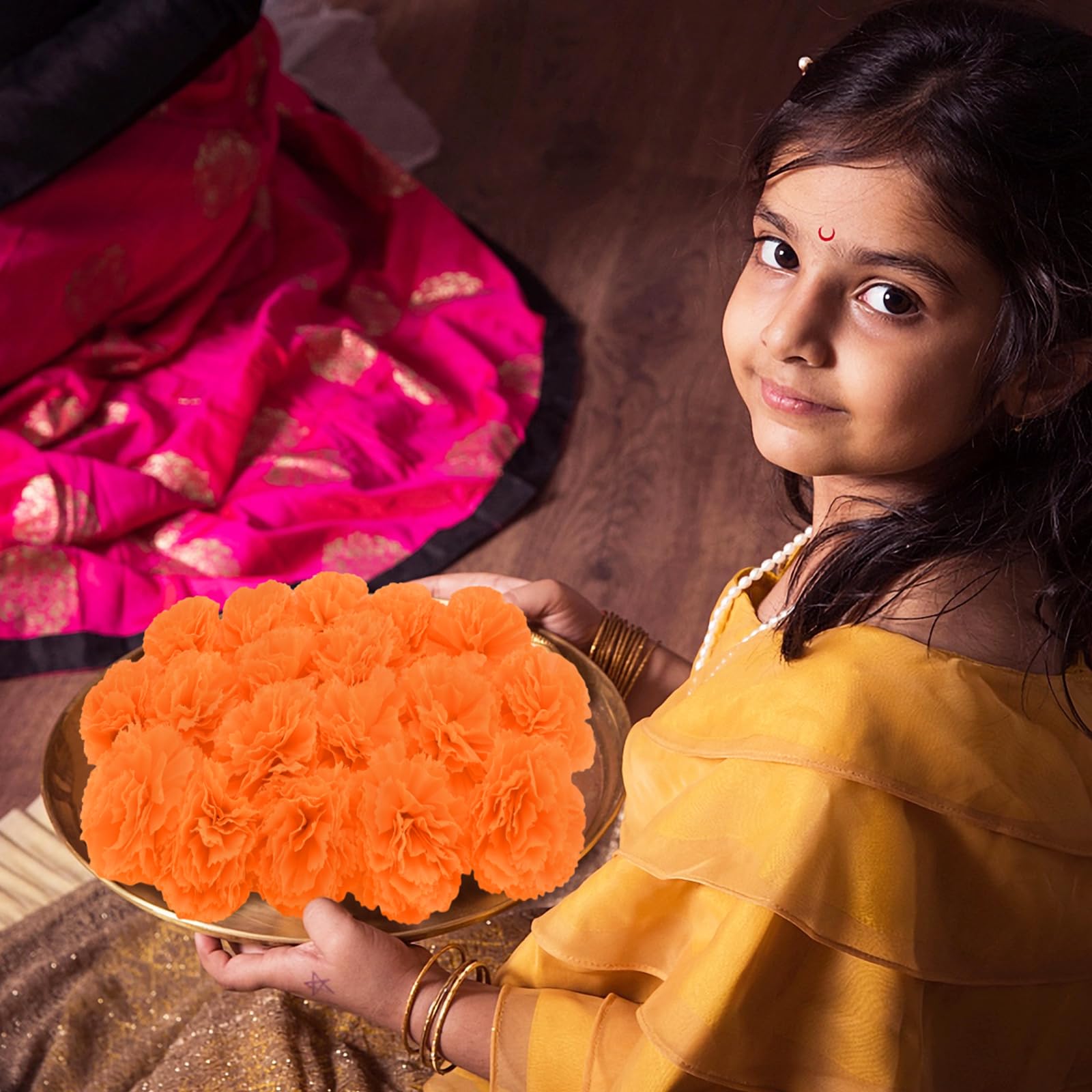 Fascidorm Marigold Flowers - 50Pcs Artificial Marigold Flowers with Stems, 2'' Silk Orange Marigolds for Day of The Dead Altar Wedding Diwali Decorations