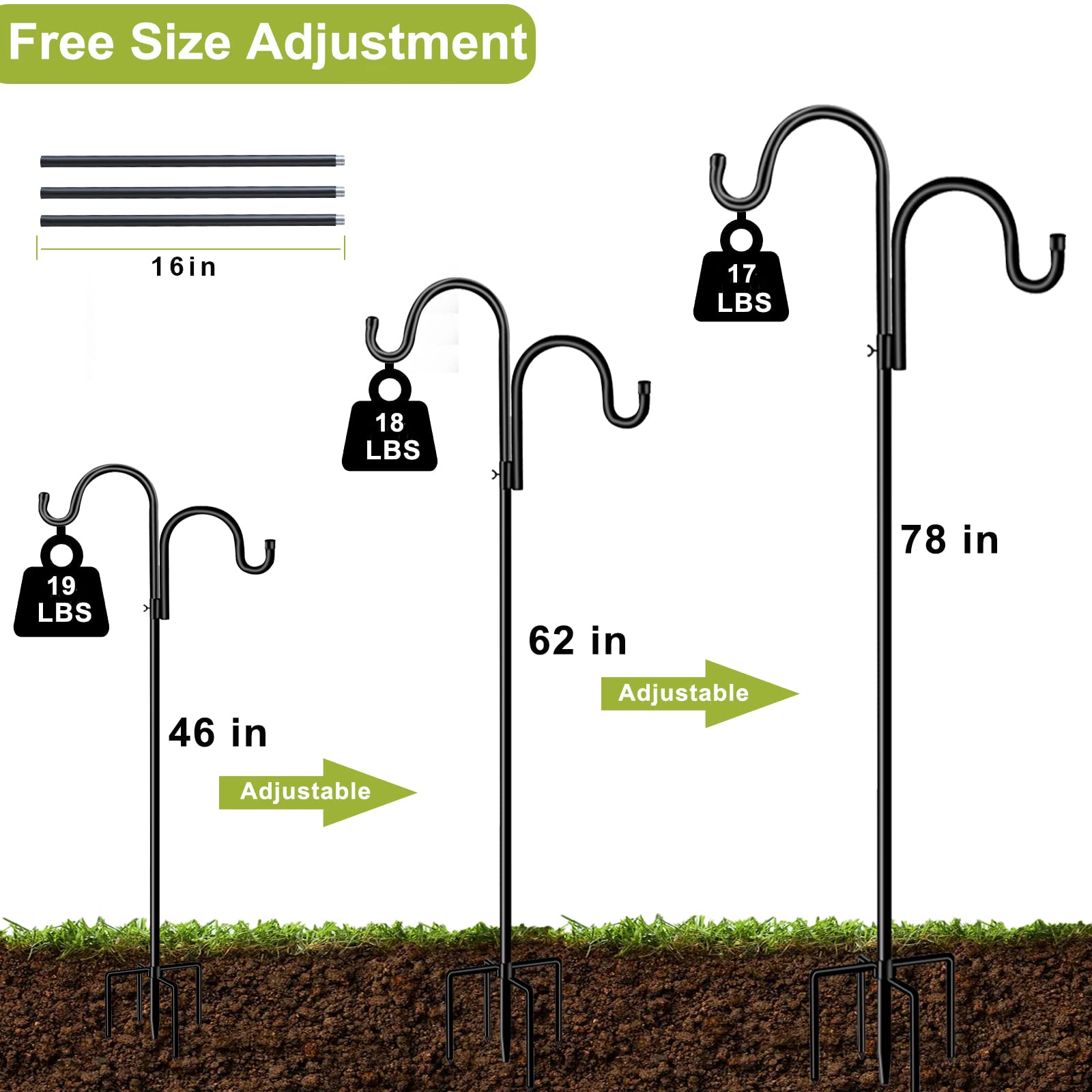 Double Shepherds Hook for Outdoor,78 Inch Bird Feeder Pole with 5 Prongs Base,Adjustable Heavy Duty Garden Hanging Holder for Hanging Plant,Solar Light,Weddings Decor,Hummingbird Feeder（1 Pack）