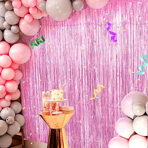 Fringe Backdrop, Pink Backdrop, Foil Fringe Curtains, 3 PCS 3.3x6.6ft Tinsel Curtain Backdrop Streamers for Valentine's Day Birthday Wedding Bachelorette Party Supplies Graduation Decorations