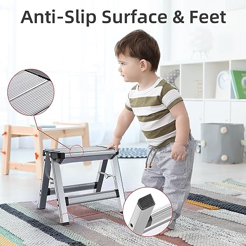 MTKOALA Folding Aluminum Step Stool - 400 lb Load Capacity - Foldable & Sturdy - Ideal for Adults, Kids, and Babies