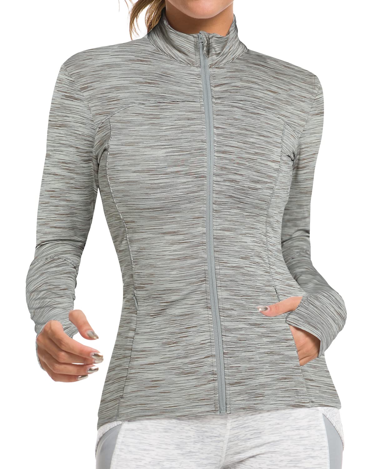 GYM RAINBOW Workout Jackets for Women, Full Zip Slim Fit Lightweight Athletic Running Sports Track Jacket with Pockets(2-Brown Space Dye,Medium)