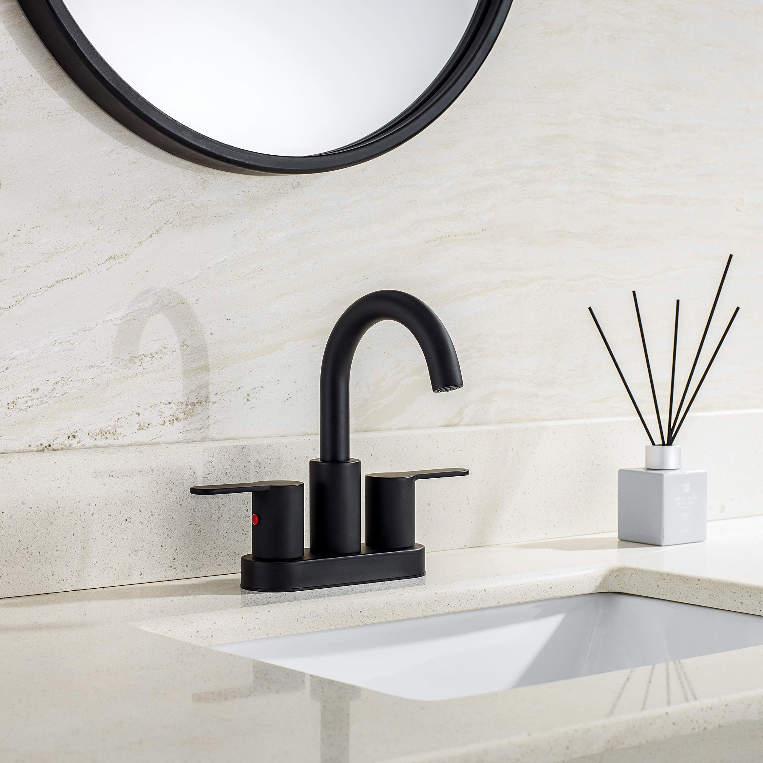 TimeArrow Matte Black Two Handle Centerset Bathroom Sink Faucet with Pop up Drain, High Arc Modern 4 Inch Bathroom Vanity Lavatory Faucet 3 Holes with Brass 360° Swivel Spout, TAF067E-MB