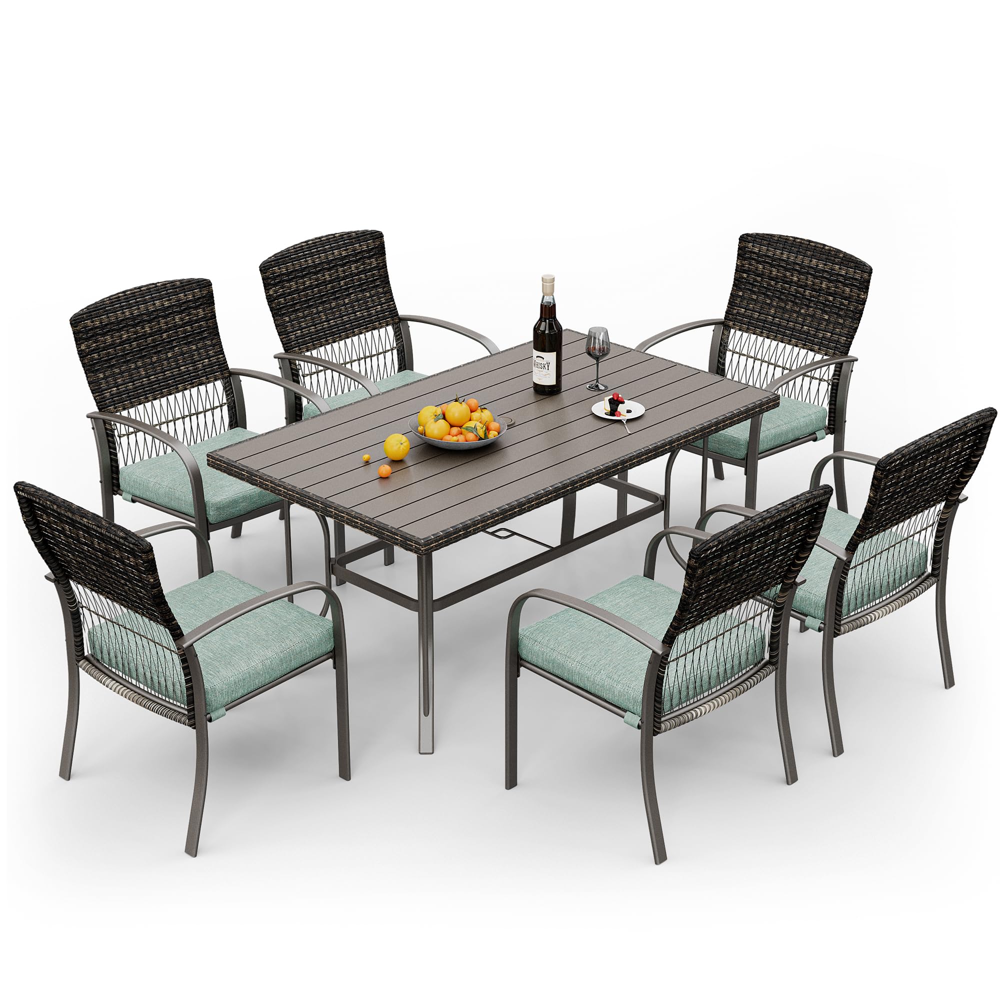 Pamapic Patio Dining Table Set, Outdoor Dining Set 7 Piece, Outdoor Wicker Furniture Set with Removable Cushions for Backyard Garden Deck/Iron Slats Table Top(Green)