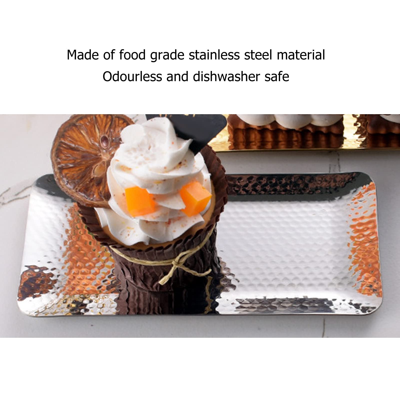 Hammered Tray with Raised Edges 9.8x4.3 inch Hammered Stainless Steel Rectangular Metal Serving Tray Platter Fruit Dish for Parties Copper Finish Makeup Organizer Jewellery Holder Towel(Silver)