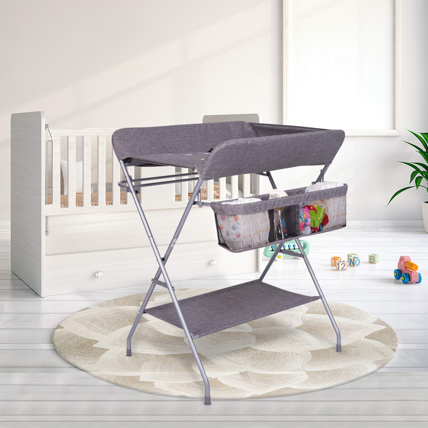 Infant Portable Changing Table - Diaper Station Nursery Organizer with Safe Belt Storage Space, Nursery Furniture Baby Changing Station, Grey
