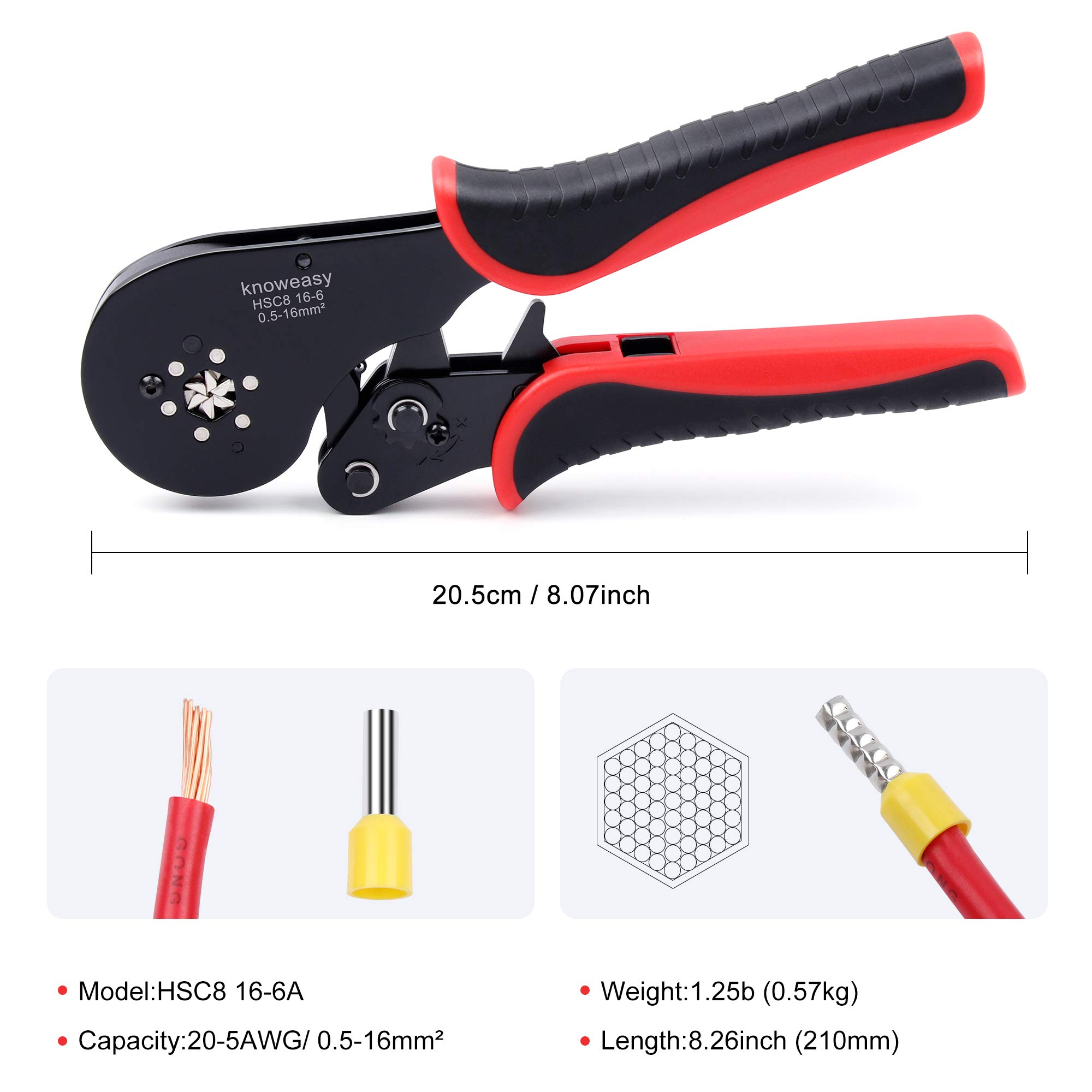 Hexagonal Ferrule Crimping Tool,Knoweasy 16-6 Ferrules Crimp Tool and Hexagonal Wire Ferrule Crimper Used for 30-5 AWG/0.5-16mm² Cable End Sleeves