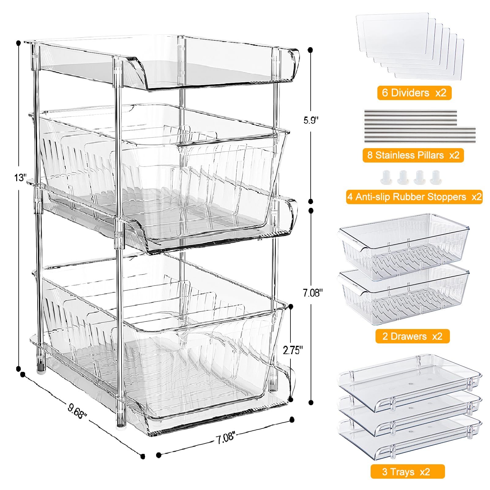 GoMaihe Bathroom Organizer Under Sink: 3-tier Clear Pull Out Medicine Cabinet Organizer - Sliding Storage Drawer for Makeup in Small Bathroom & Kitchen | Stackable & Anti-slip & Easy to Clean 2-pack