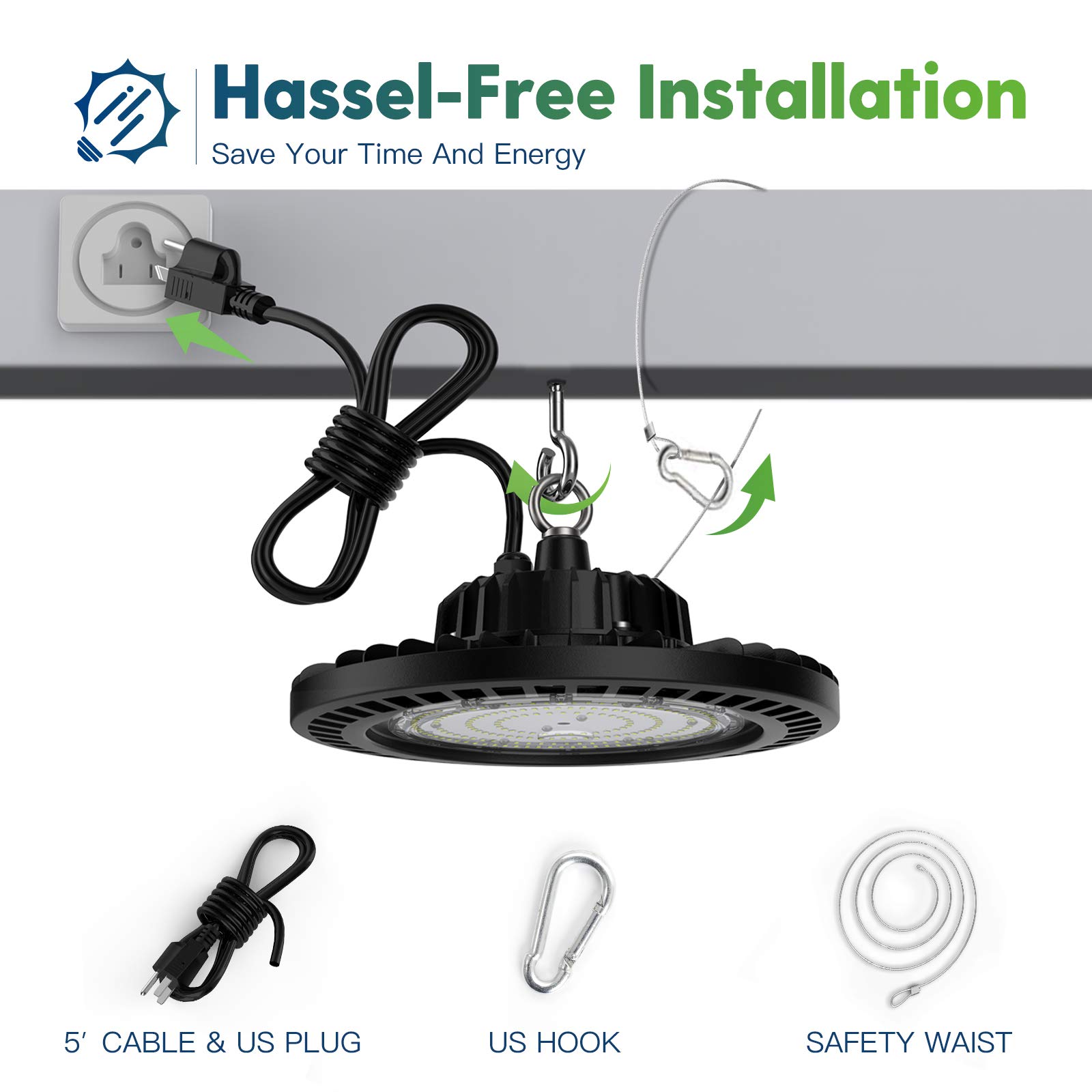 FREELICHT LED High Bay Light, 200W 38000LM Waterproof Commercial Light Fixture with Safety Cable, 1-10V Dimmable UFO High Bay Shop Light for Garage, Warehouse, Workshop