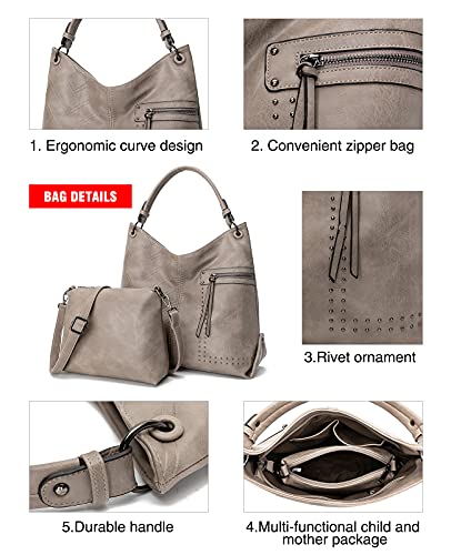 FADEON Leather Hobo Bags for Women Large Zipper Shoulder Purses Designer light Handbags Sets with Organizer … (Dark Grey)