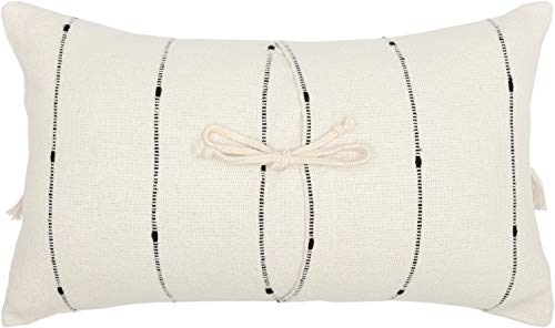 Piper Classics Farmcloth Stripe Pillow Cover w/ Fringe, 12" x 20", Urban Rustic Farmhouse Style, Boho Chic, Natural Cream w/ Black Stripes