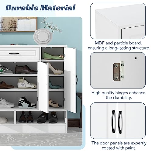 Modern Shoe Cabinet with Adjustable Shelves and Sturdy Top Surface, Wood Sideboard with 1 Drawers, Multifunctional Storage Cabinet for Entrance Corridor Bedroom (White + Particle Board-035)