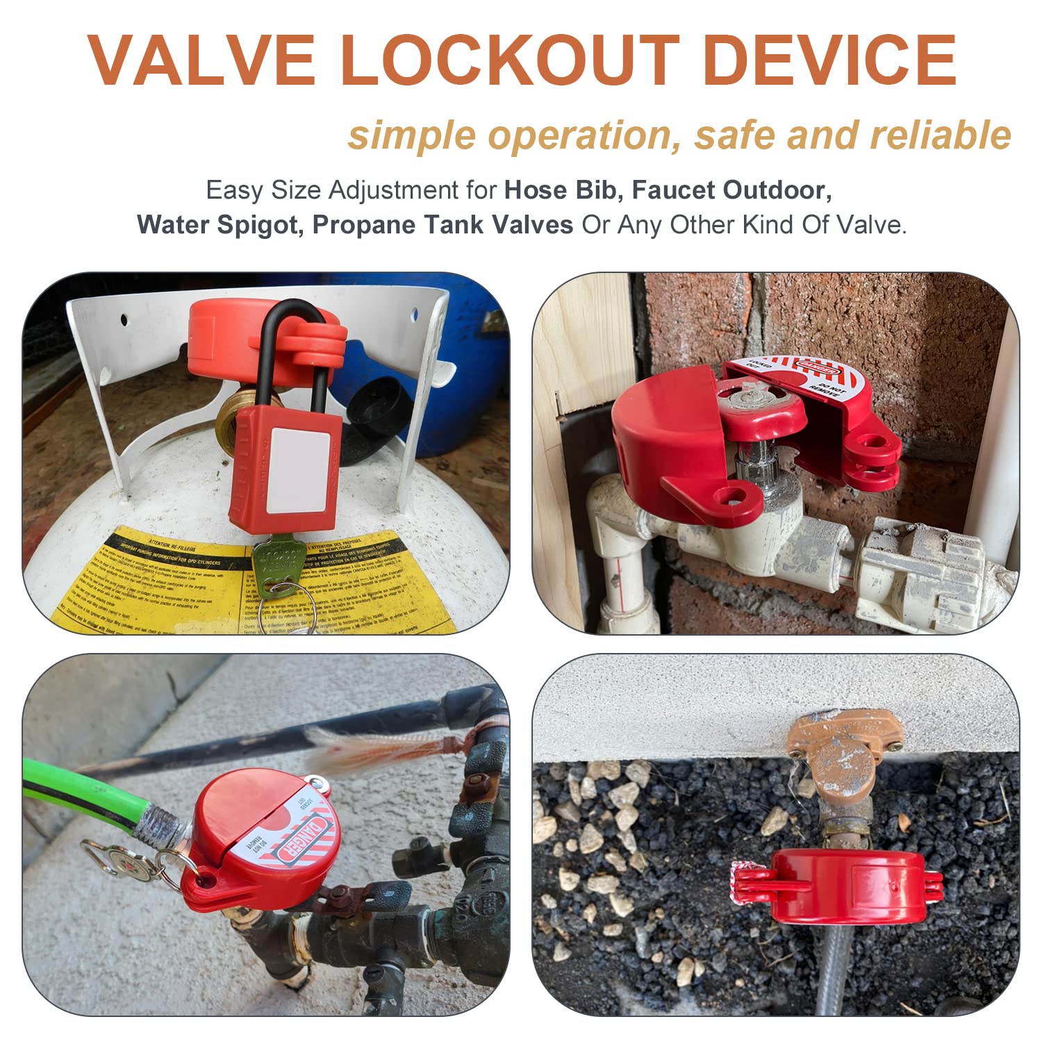 Gate Valve Lockout and Safety Padlock, 1Set, Hose Bib Lock for Outdoor Faucet Knob/Water Spigot/Propane Tank, 1 to 2-1/2 in Dia Valve Handles, Plastic Red Secure Lock Device for Outside Garden Valve
