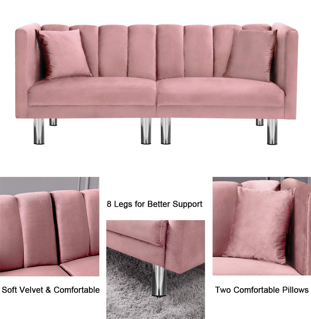 SLEERWAY Velvet Futon Sofa Bed with Two Pillows, Modern Sleeper Sofa Couch with 3 Adjustable Angles, Convertible Small Loveseat for Living Room, Pink