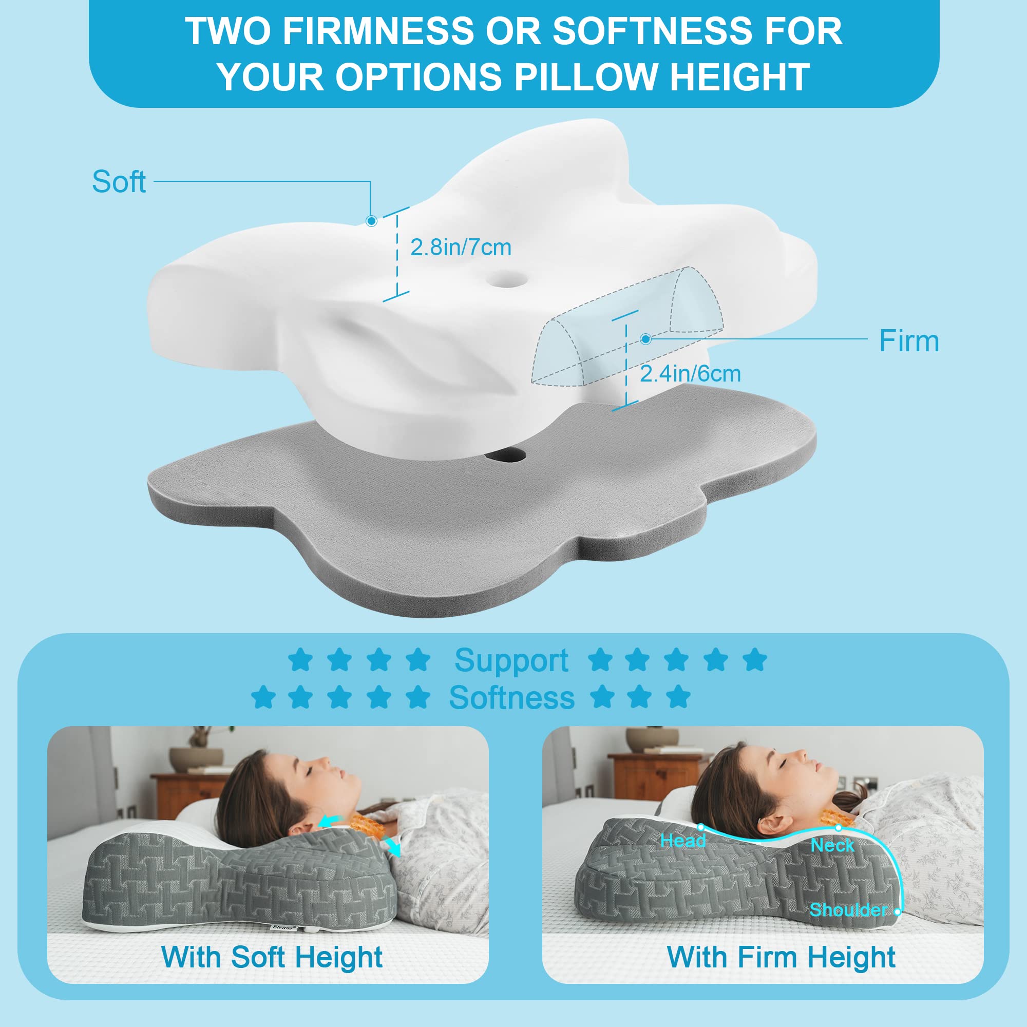 Elviros Cervical Memory Foam Neck Pillow for Pain Relief, Adjustable Orthopedic Contour Support Pillows for Sleeping, Ergonomic Bed Pillow for Side, Back, Stomach Sleepers, Queen Size (White)
