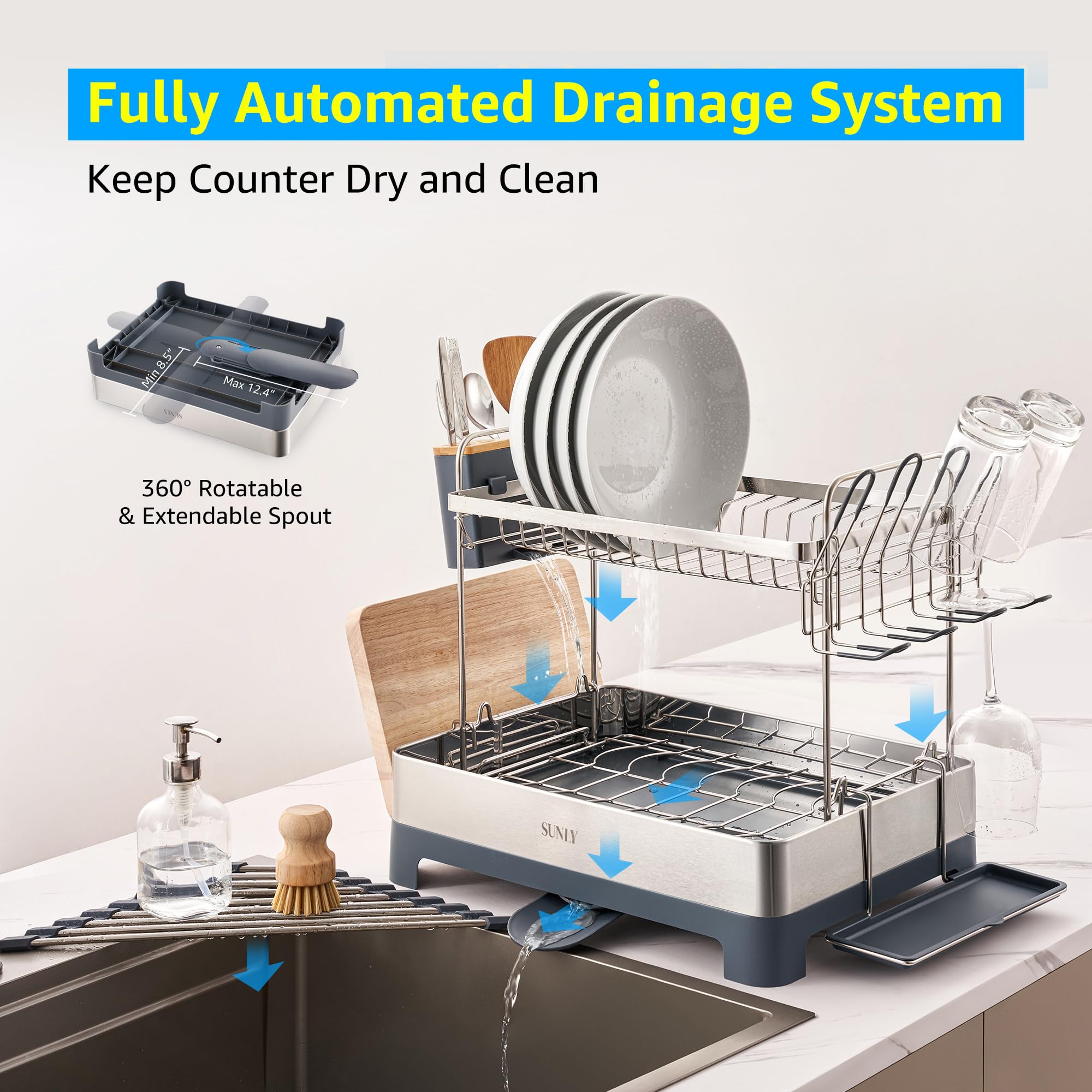 SUNLY Large Dish Drying Rack, Dish Racks for Kitchen Counter, 304 Stainless Steel Kitchen Drying Rack, Multipurpose 2 Tier Dish Drying Rack, Extra Large Dish Dryer with Rotatable Spout, Gray