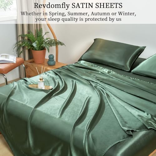 Revdomfly 4 Pcs Luxury Silky Soft Olive Green Satin Sheet Set,1 Premium Moisture Wicking Fitted Sheet Fits Up to 16 Inches Deep Pocket + 1 Flat Sheet + 2 Pillowcases(Olive Green, California King)