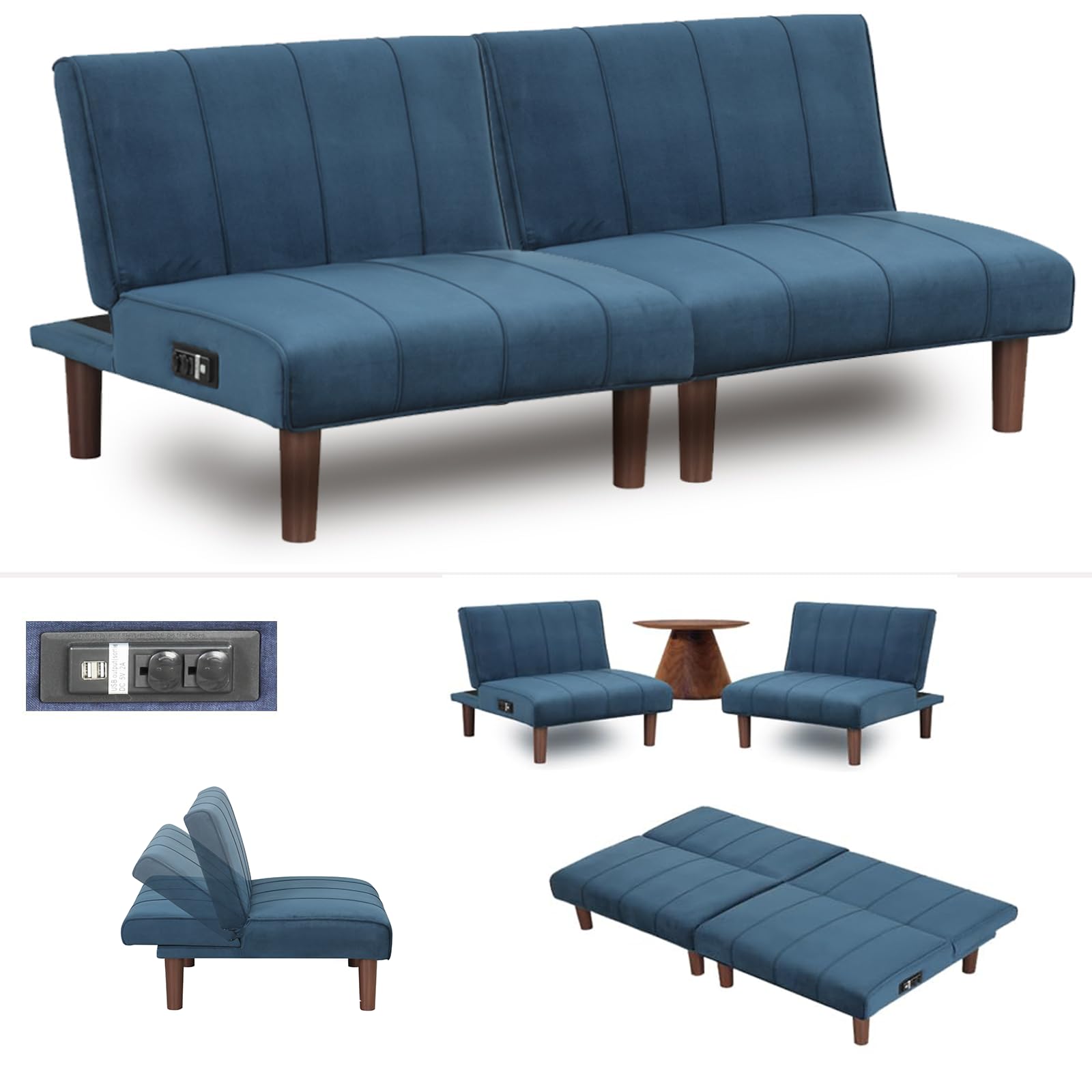 KAIRUITUCH Convertible Futon Sofa Bed Twin/USB, Foldable Loveseat Futon Couch Adjustable Backrest,2 Pack Small Sleeper Sofa for Living Room, Small Space, Apartment, Blue Fabric, 305BL1-BL1USB