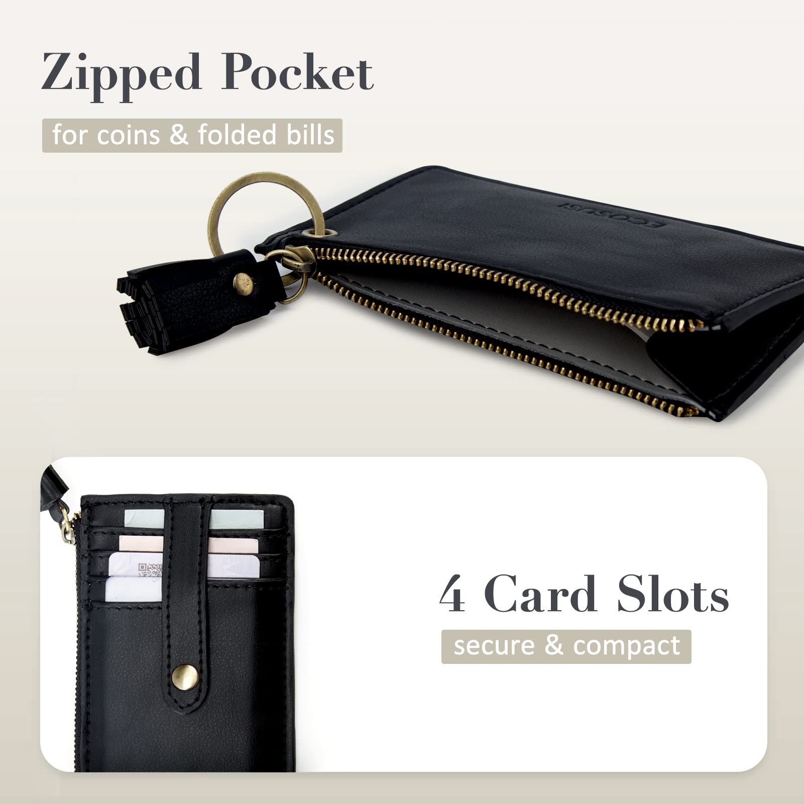 ECOSUSI Wristlet Keychain Key Ring Bracelets Card Holder Purse with Tassel, Bow,Black