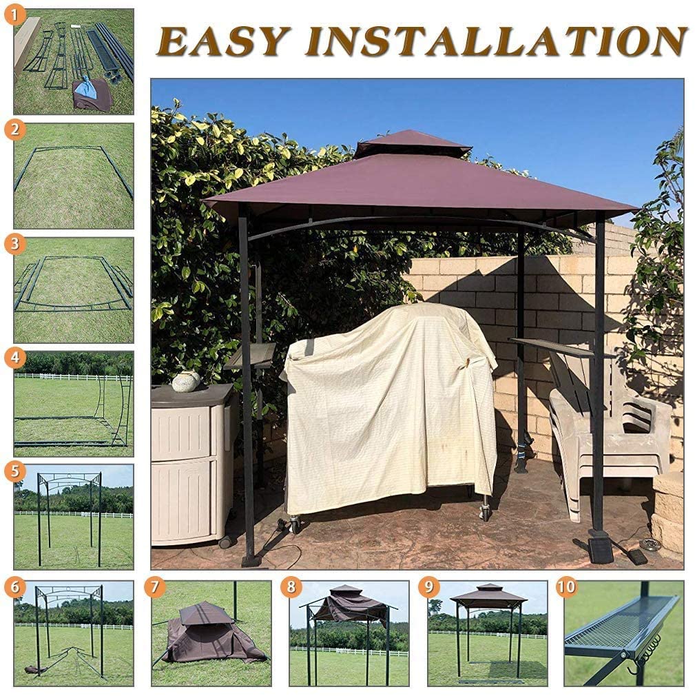 Grill Gazebo Shelter, 8'x 5 Gazebo Canopy Tent with Double Tier Soft Top and Steel Frame Canopy for Party BBQ Backyard Patio Outdoor Gazebo, Easy to Assemble, Elegant Design, Good Stability, Brown