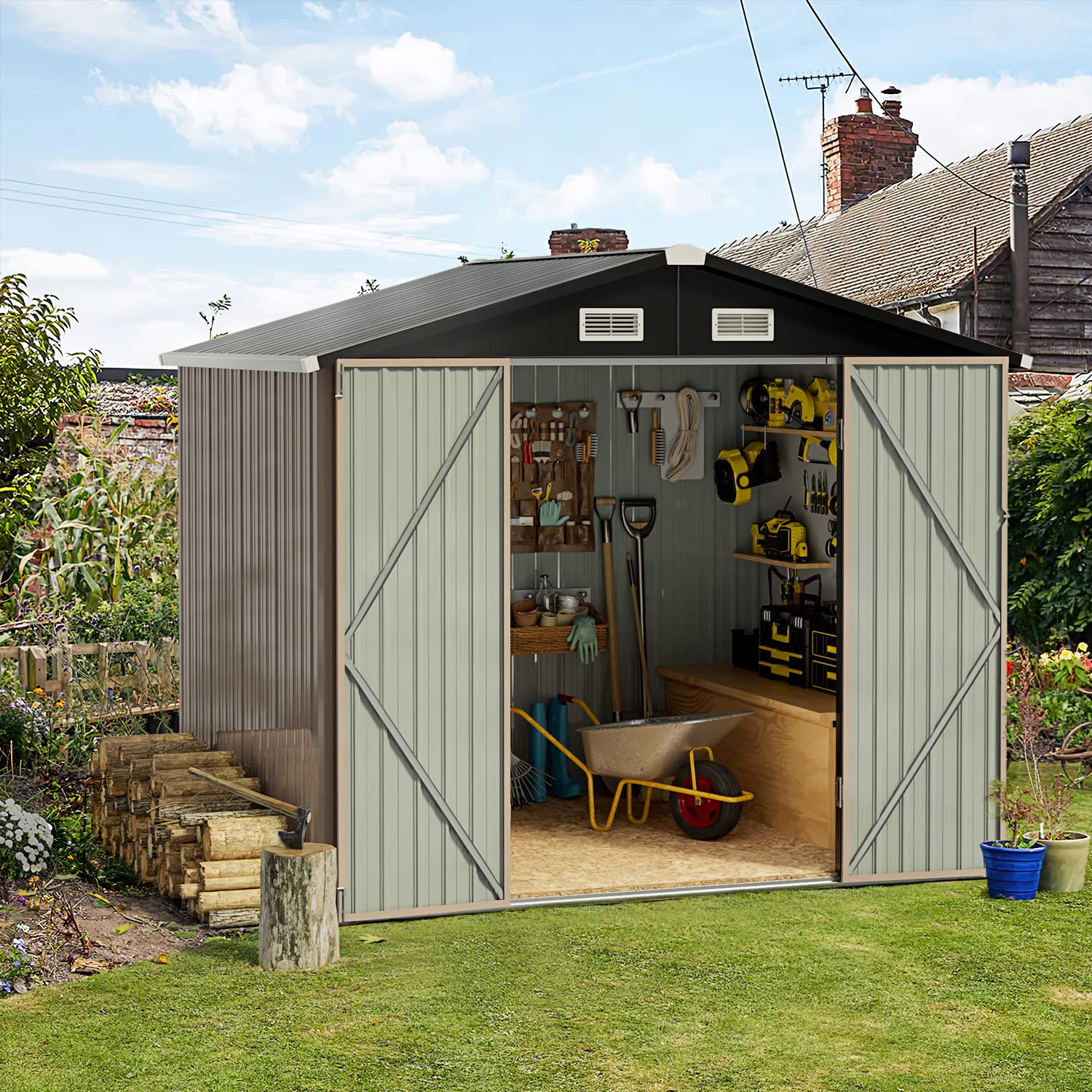 Oneinmil Outdoor Storage Shed 8x6 FT, Metal Tool Shed with Lockable Door, Metal Shed Garbage Can, Storage House for Backyard, Garden, Patio, Lawn, Brown