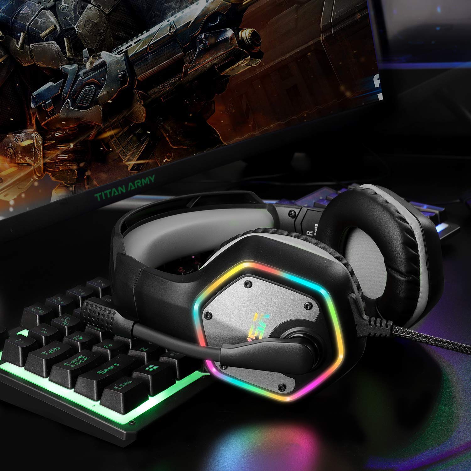 EKSA Gaming Headset with 7.1 Surround Sound Stereo, PS4 USB Headphones with Noise Canceling Mic & RGB Light, Compatible with PC, PS4 Console, Laptop (Gray) (Renewed)
