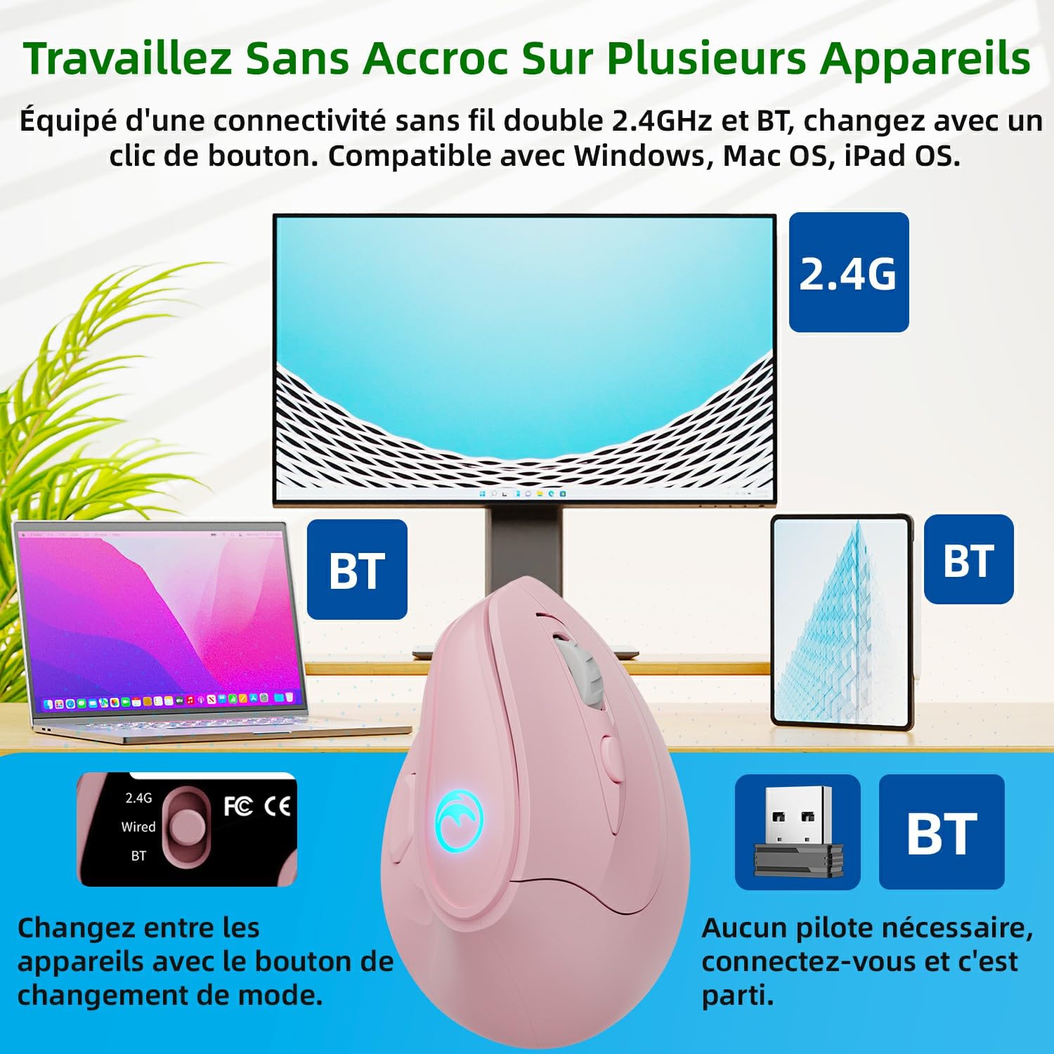 IFYOO 2.4G and BT 5.1 Dual Mode RGB Rechargeable Wireless Vertical Ergonomic Mouse, 5 Side Buttons, Max 4000 DPI, for PC Computer Notebook Laptop, for Windows 11 10, Mac iPad OS, Android - Pink