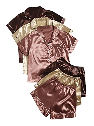 SOLY HUX Women's 3 Set Satin Pajama Set Short Sleeve V Neck Collar Button Down Shirt Top with Shorts Sleepwear Brown Yellow Multi S