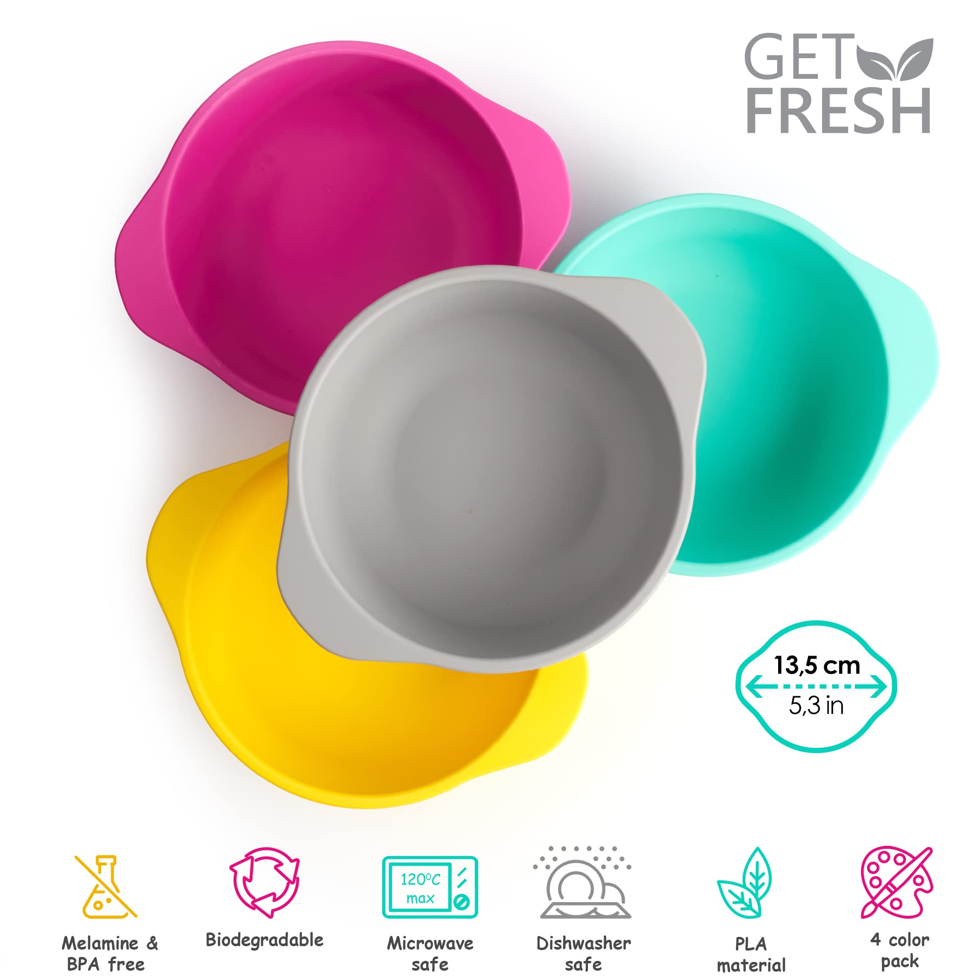 GET FRESH Plant-Based PLA Kids Bowls Set – 4-Pack Melamine Free Plant Based Snack Bowls for Kids and Toddlers – Small Biodegradable Plant-Based Childrens Dinnerware Bowls – Reusable PLA Kids Dishes