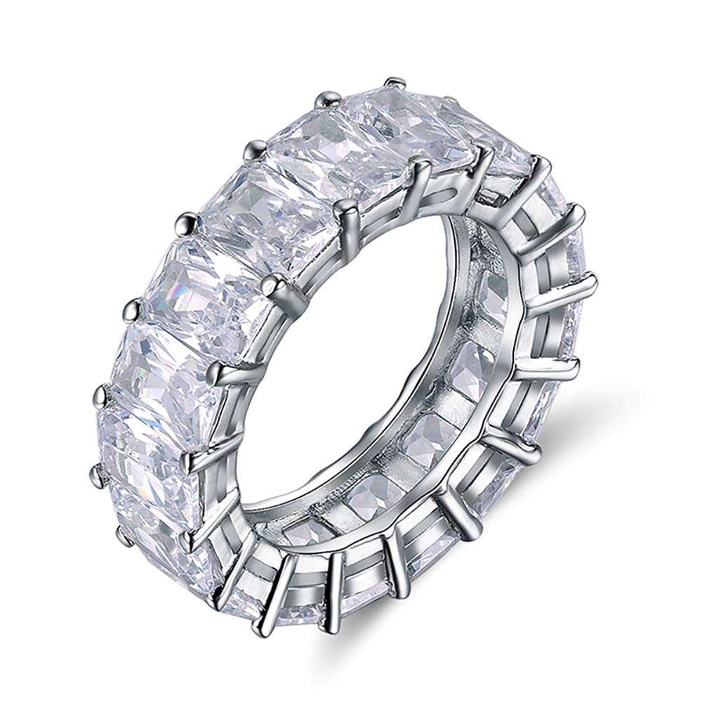Emerald Cut Eternity Wedding Band Ring for Women by Ginger Lyne Cubic Zirconia Sterling Silver Bridal Jewelry Size 9