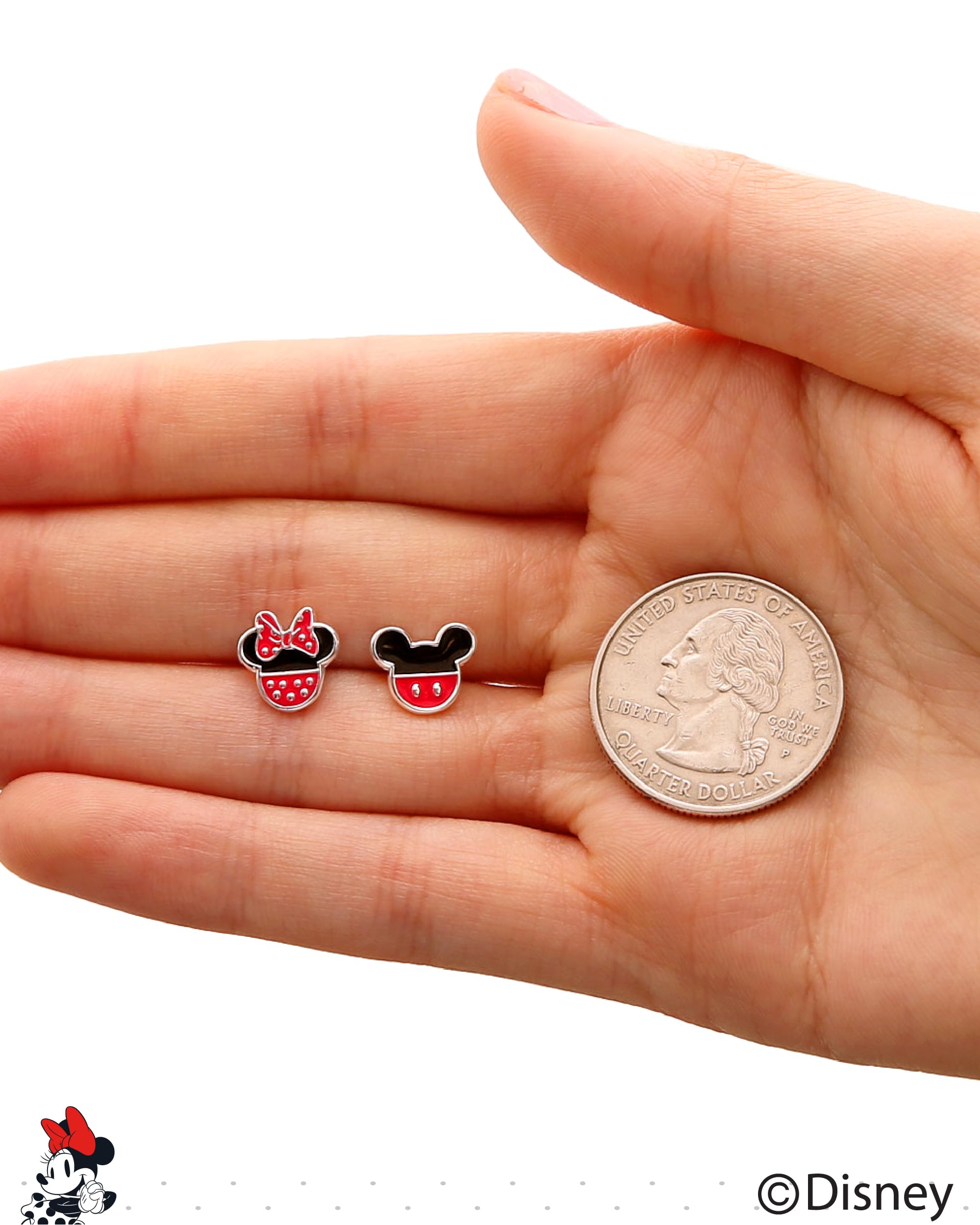 Disney Mickey Mouse and Minnie Mouse Mismatched Stud Earrings for Girls, Silver Plated, Officially Licensed