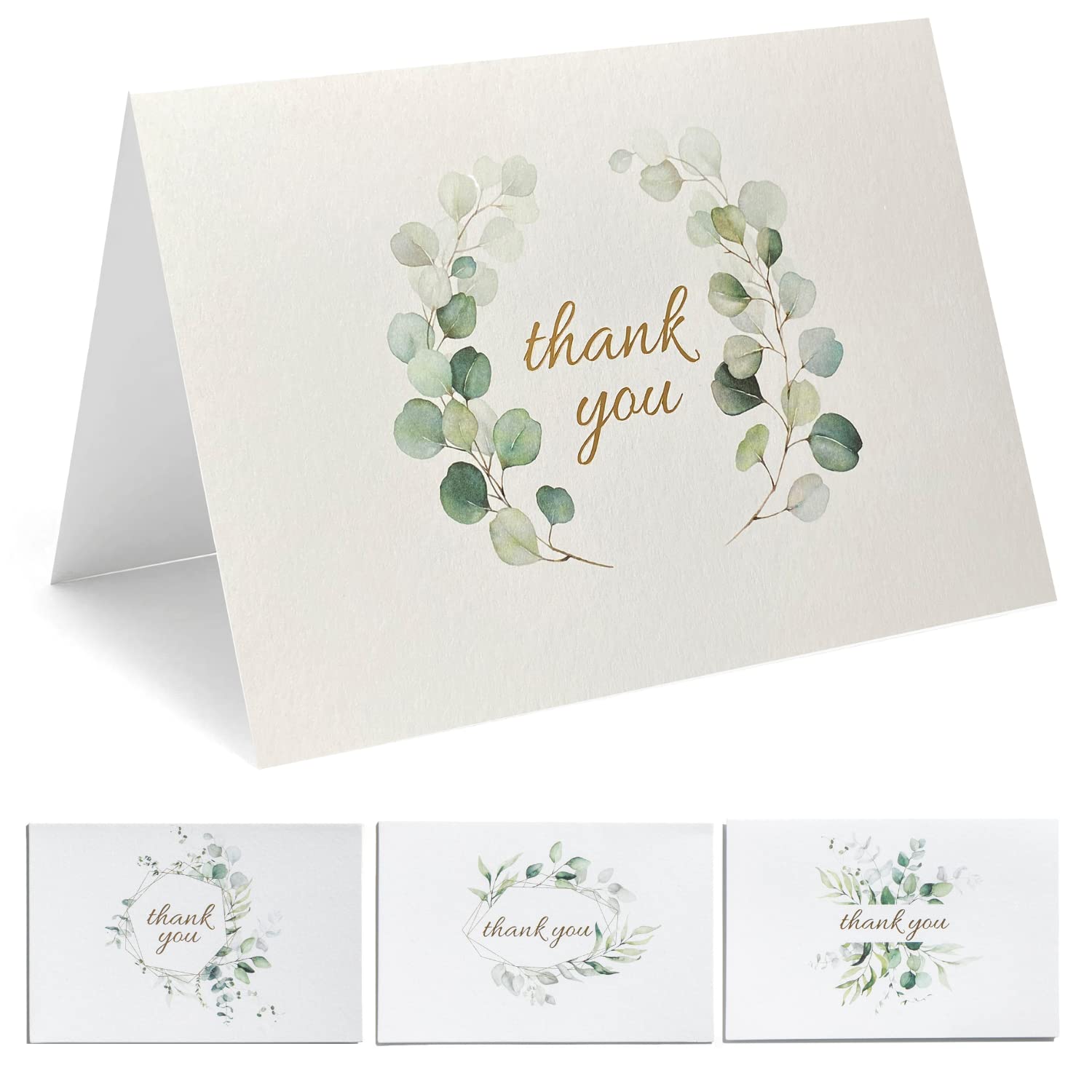 Ellen J Creations Floral Eucalyptus Wedding Thank You Cards, Pack of 48, 4x6, Blank, Smudge-Free, Heavyweight Cardstock, Gold Foil, Envelopes