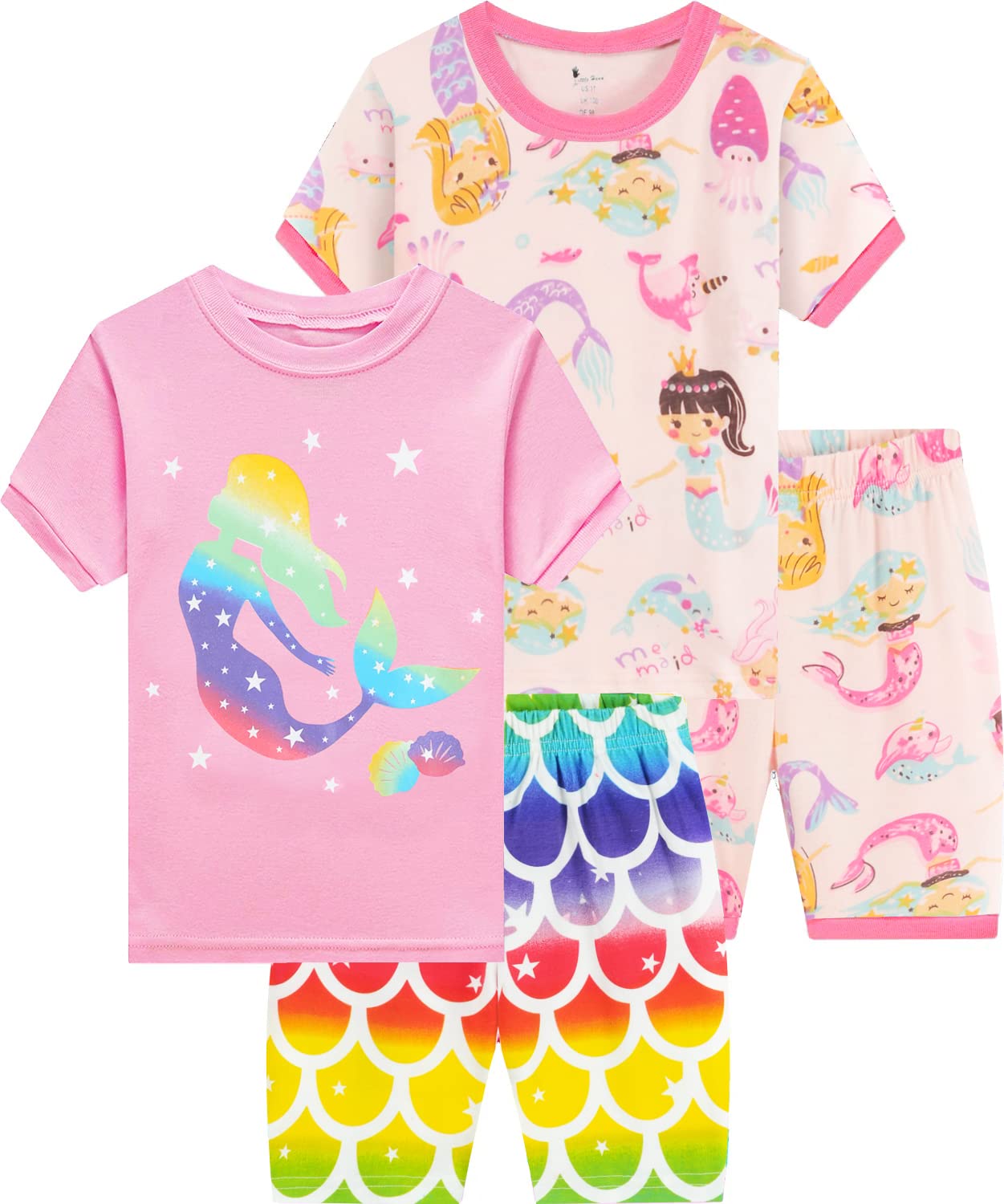 Little Hand 4 Pcs Toddler Pajamas for Girls Mermaid Short Sets Cotton Summer Pjs Sleepwear Children Jammies Size 2T